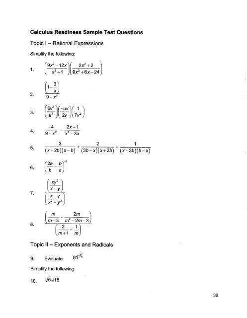 Precalculus Proficiency Assessment Sample Test Questions