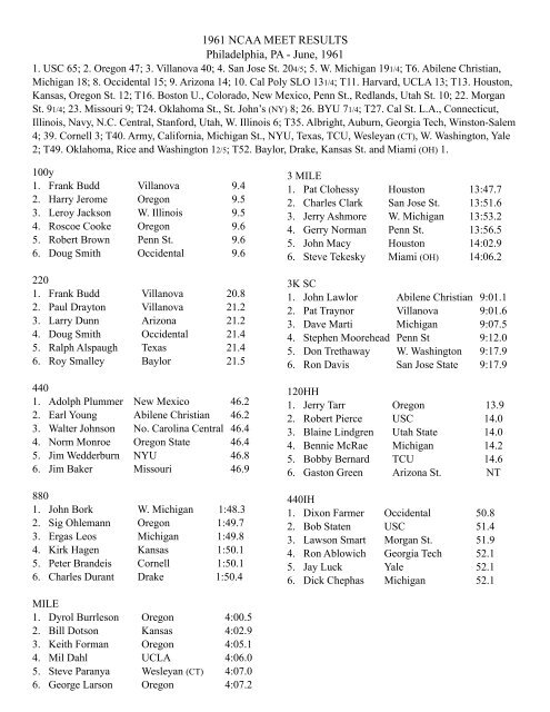 1961 NCAA MEET RESULTS - USC Track & Field