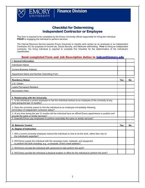 Checklist for Determining Independent Contractor ... - Emory Finance