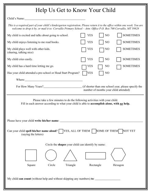 Kindergarten Assessment Form - Corvallis School District #1