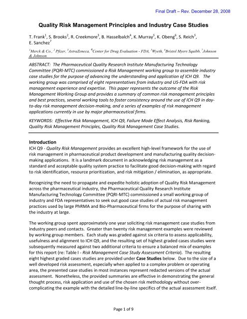 Quality Risk Management Principles and Industry Case Studies - PQRI