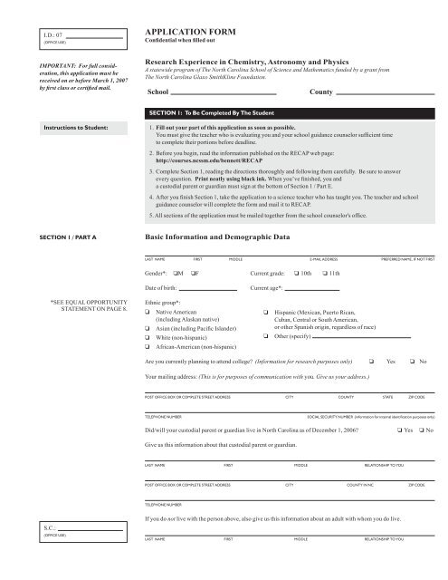 application form - ncssm - North Carolina School of Science and ...