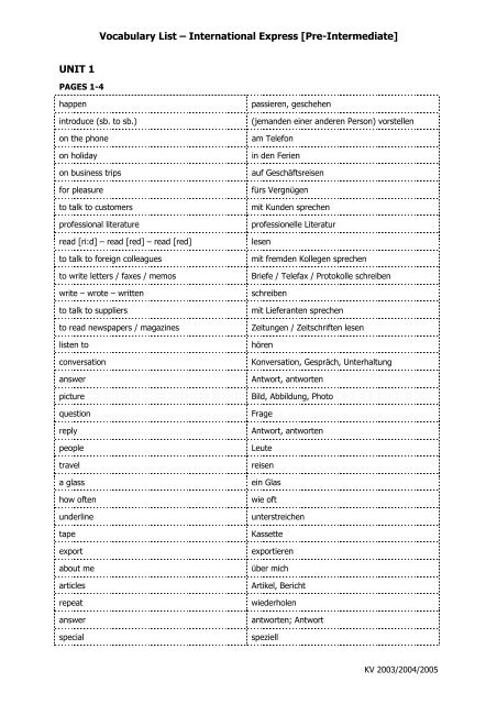 Vocabulary List – International Express [Pre-Intermediate] UNIT 1