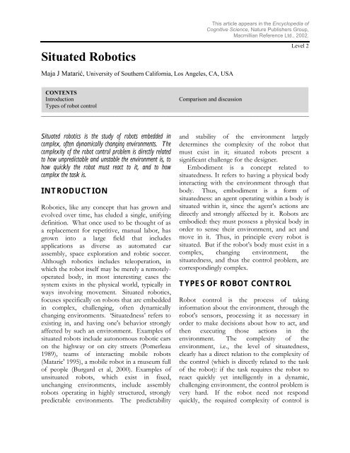 Title: Situated Robotics - USC Robotics Research Lab - University of ...