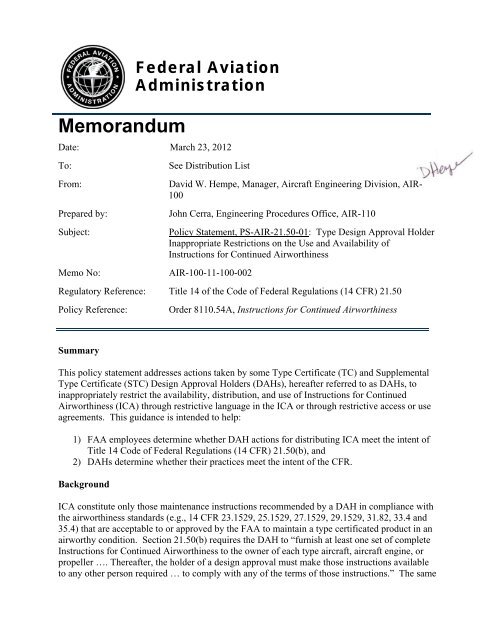 F.A.A MEMORANDUM Policy Statement, PS-AIR-21.50-01