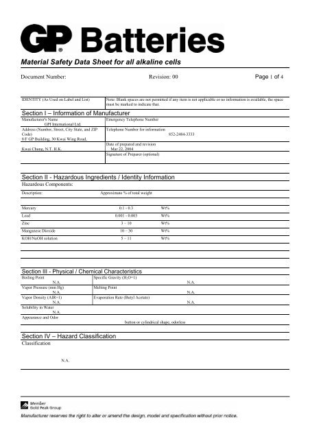 Batteries Materials Safety Data Sheet (PDF) - Cell Pack Solutions
