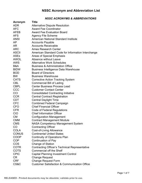 Nasa Acronym List