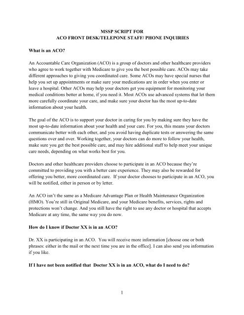 1 MSSP SCRIPT FOR ACO FRONT DESK/TELEPONE STAFF ...