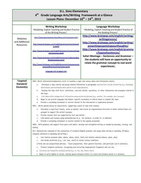 DL Sims Elementary 4 Grade Language Arts/Writing Framework at a ...