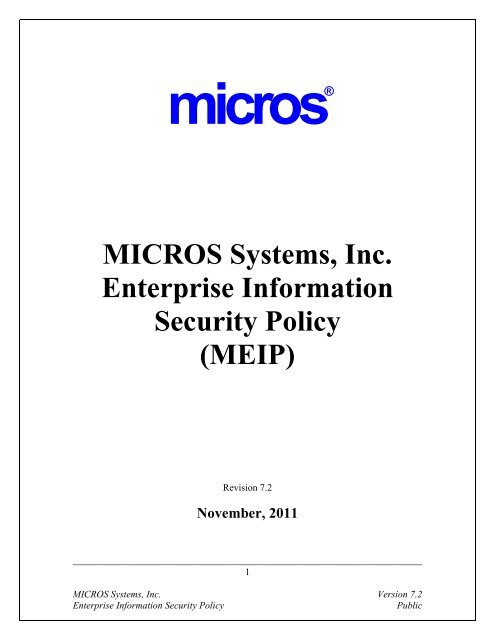 MICROS Systems, Inc. Enterprise Information Security Policy (MEIP)