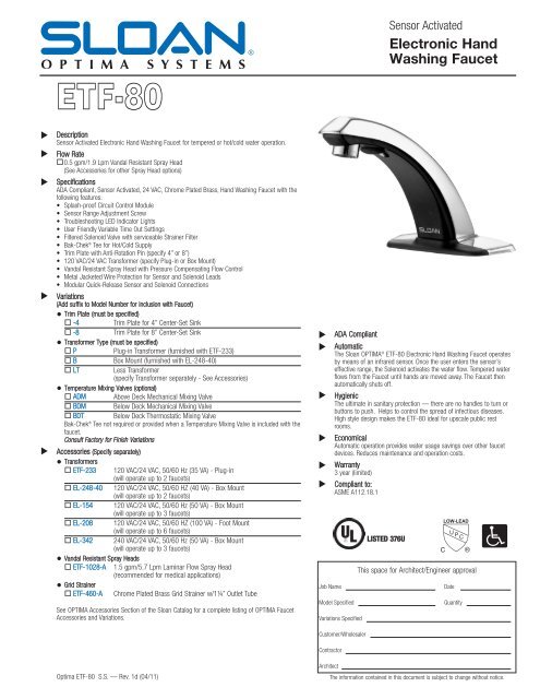 Optima ETF-80 Specification Sheet - Sloan Valve Company