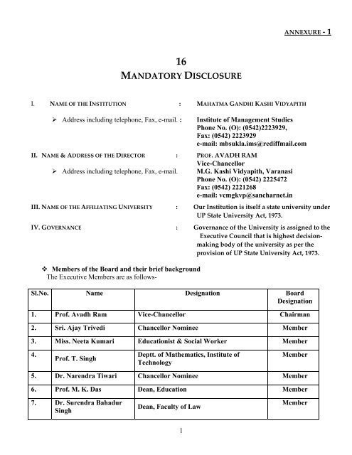 16 mandatory disclosure - Mahatma Gandhi Kashi Vidyapith University