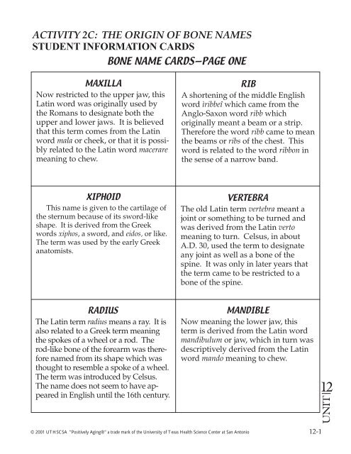 activity 2c: the origin of bone names student information cards
