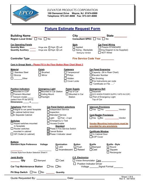 Fixture Estimate Request Form - Elevator Products, EPCO