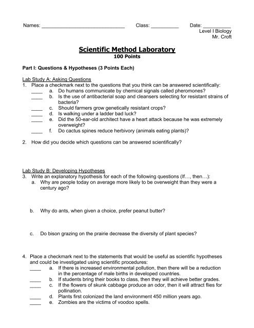 Scientific Method Lab - Level I - Mr. Croft's