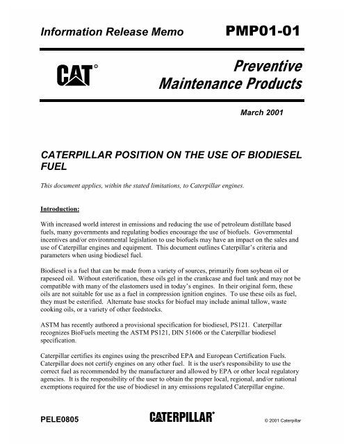 caterpillar position on the use of biodiesel fuel - reeFUEL
