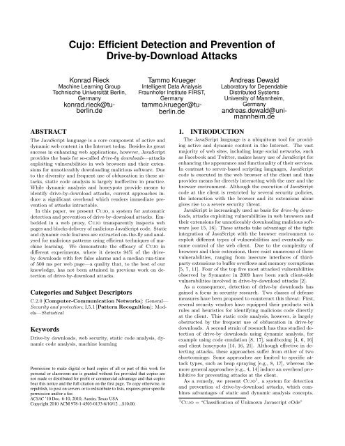 Cujo - Efficient detection and prevention of drive-by-download attacks