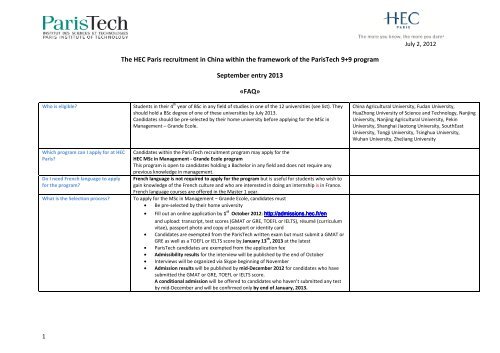 HEC Paris - FAQ 2012-2013 China