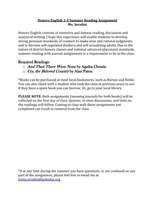 Honors English 3-4 Summer Assignment - Moon Valley High School