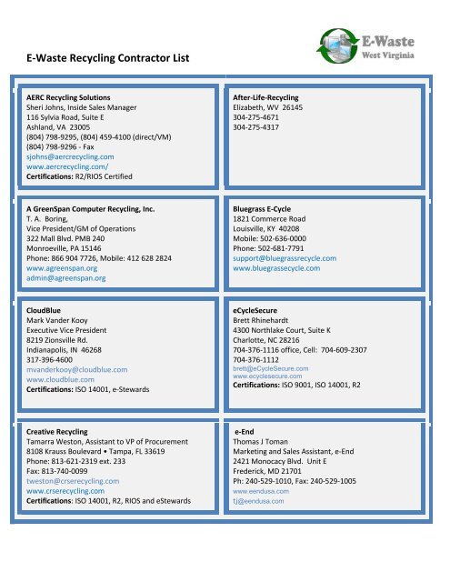 E-Waste Recycling Contractor List (Continued)