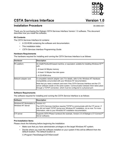 CSTA Services Interface Version 1.0