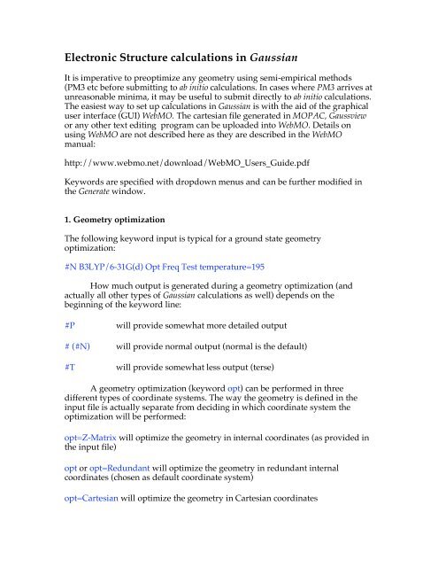 Electronic Structure Calculations In Gaussian Cornell University