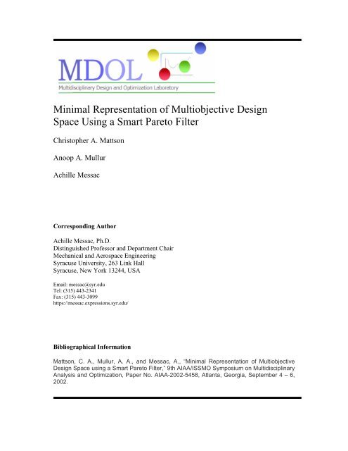 Minimal Representation Of Multiobjective Design Space Using A