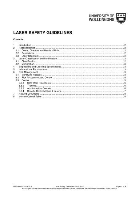 Laser Safety Guidelines - Staff - University of Wollongong