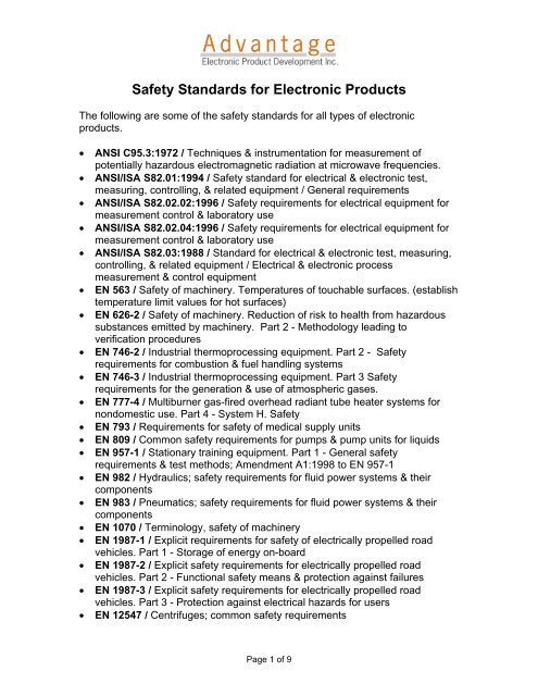 Safety Standards for Electronic Products - Advantage Electronic ...