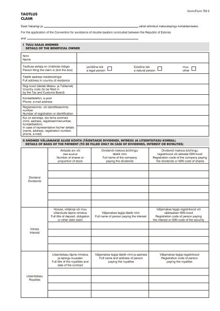 vorm TM3 - Maksu- ja Tolliamet