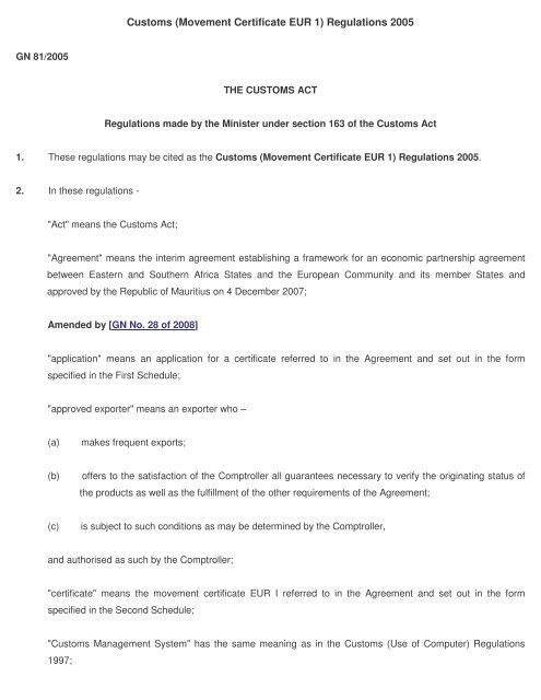 Customs (Movement Certificate EUR 1) Regulations 2005