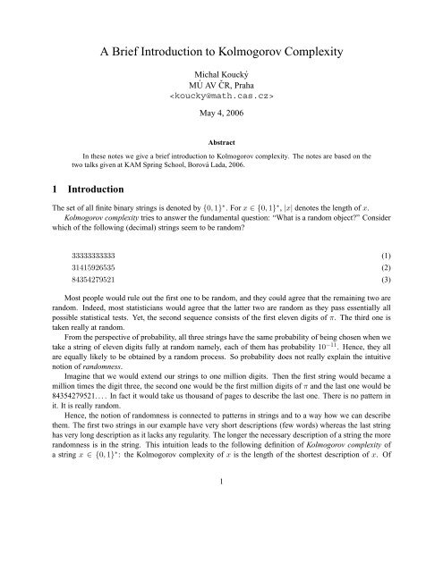 A Brief Introduction to Kolmogorov Complexity