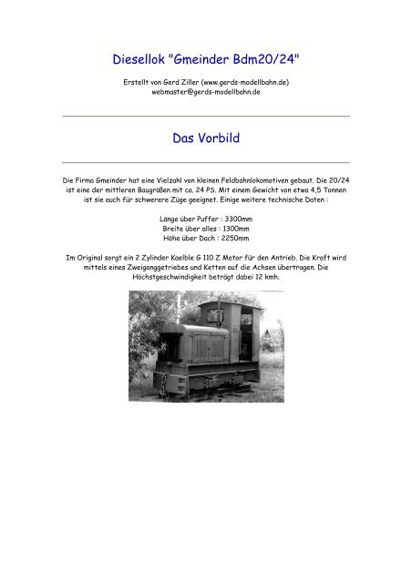Diesellok "Gmeinder Bdm20/24" Das Vorbild - Gerds Modellbahn