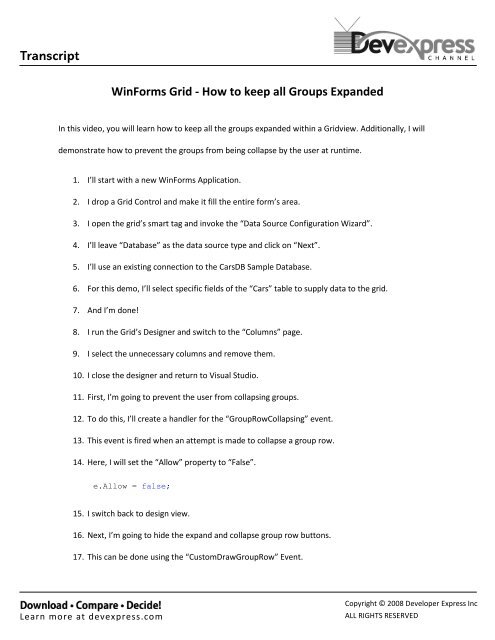 WinForms Grid - How to keep all Groups Expanded - DevExpress