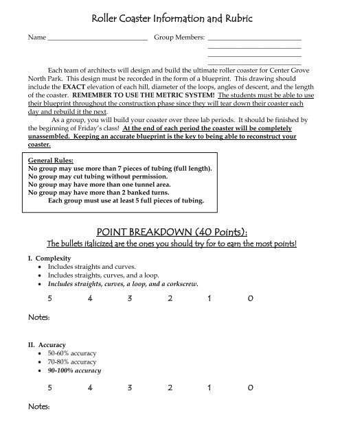 Roller Coaster Information and Rubric