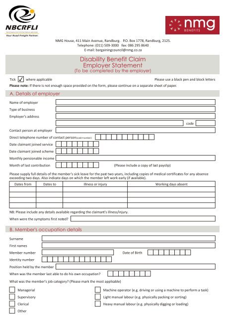 Disability Benefit Claim Employer Statement - nbcrfli.org.za