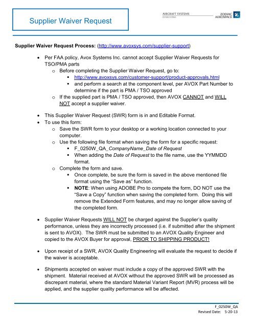 Supplier Waiver Request - AVOX Systems, Inc.