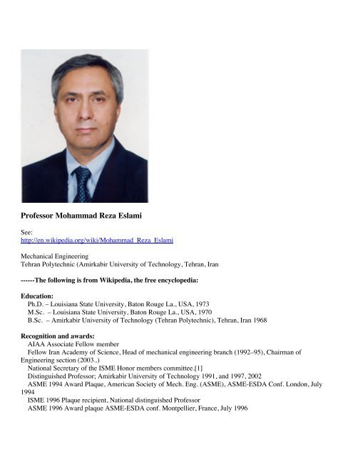 Professor Mohammad Reza Eslami - Shellbuckling.com