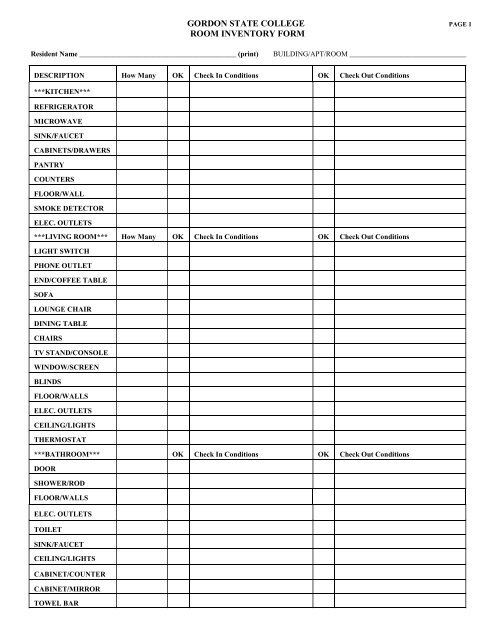 GORDON STATE COLLEGE ROOM INVENTORY FORM
