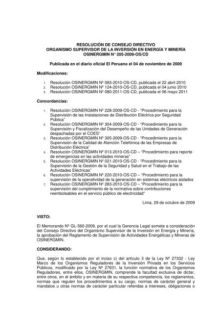 Resolución OSINERGMIN Nº 205-2009-OS/CD