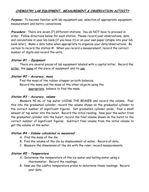 CHEMISTRY LAB EQUIPMENT & MEASUREMENT ACTIVITY