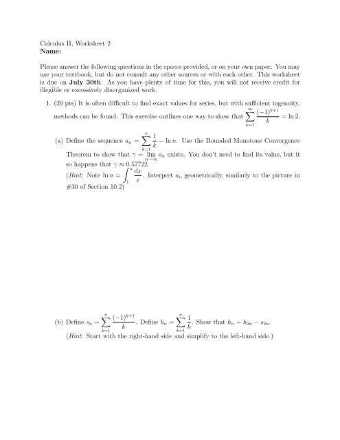 Calculus II, Worksheet 2 Name: Please answer the following ...