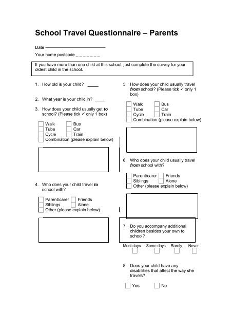 School Travel Questionnaire â Parents - Home - School Travel ...