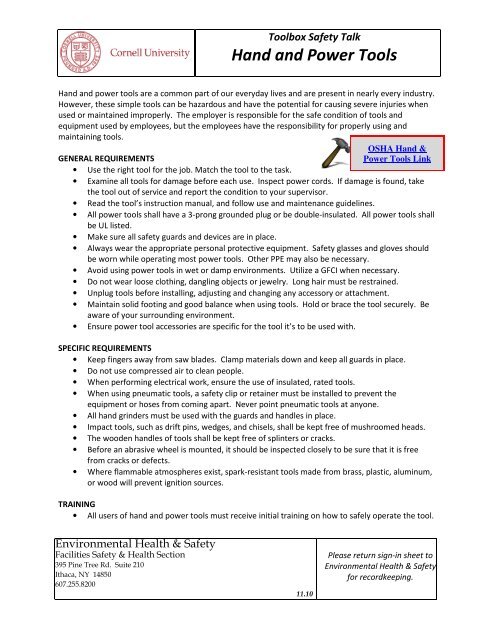 Hand And Power Tools Toolbox Talk - Environmental Health & Safety