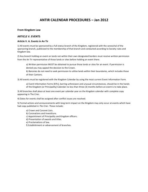 ANTIR CALENDAR PROCEDURES â Jan 2012 - Kingdom of An Tir