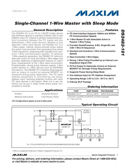 DS2482-101 Single-Channel 1-Wire Master with Sleep Mode - Maxim