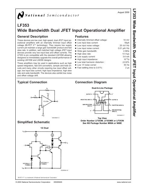 LF353 Wide Bandwidth Dual JFET Input Operational Amplifier