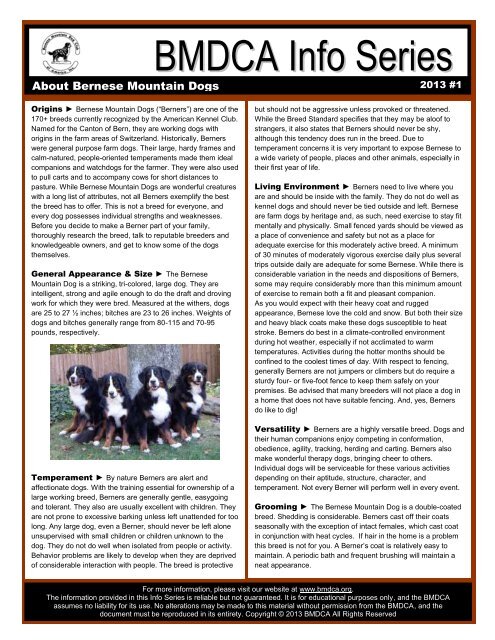 BMDCA Info Series - Bernese Mountain Dog Club of America