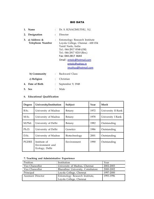 BIO DATA - Loyola College