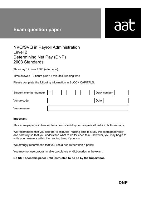 Exam question paper - AAT